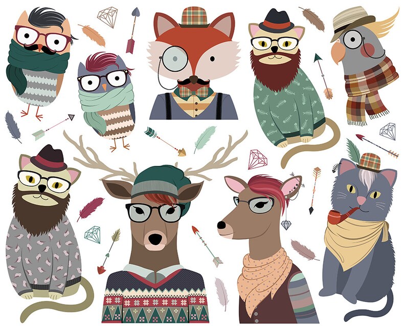 Hipster Animals Clipart 300 DPI PNG & Vector Files Set of - Etsy