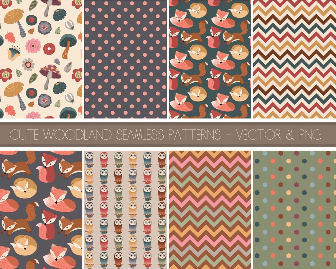 Cute Woodland Seamless Patterns Digital Paper Pack - 9 300 DPI PNG ...