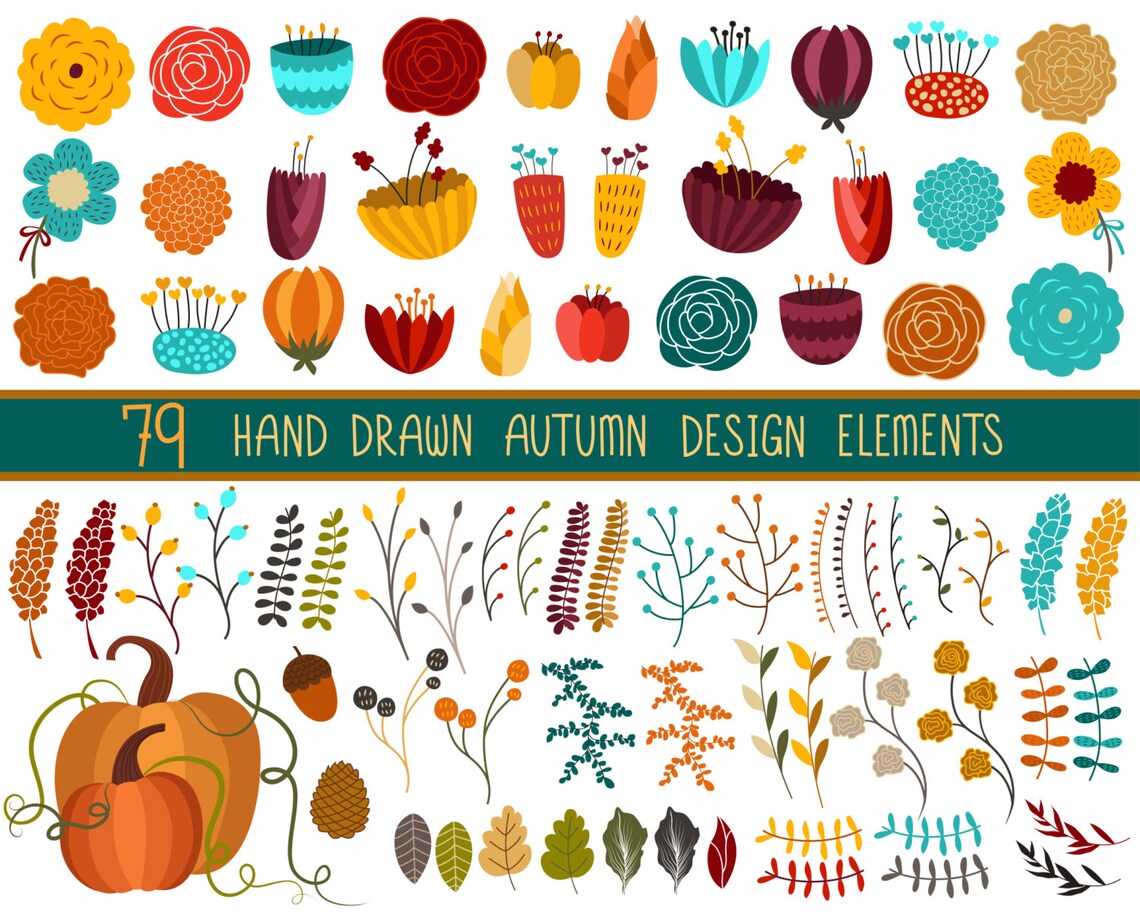 Autumn Floral Fall Clip Art Set of 79 Hand Drawn Design | Etsy
