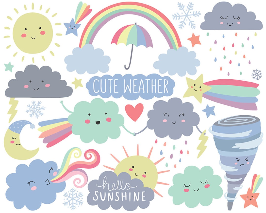 Weather Clipart Cute Clipart Cloud Clipart Spring Clipart Kawaii Clipart Set Adorable