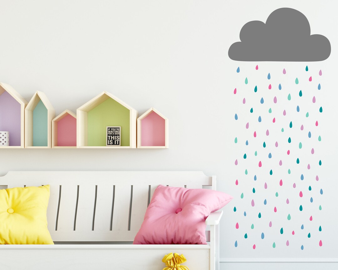 Rain Cloud Wall Decal Cloud and Rainbow Raindrops Wall - Etsy