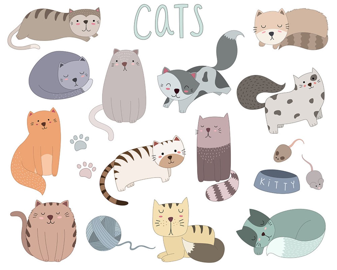 Cute Cat Clip Art - Set of 19 Vector, PNG, & JPG Files - Hand Drawn ...
