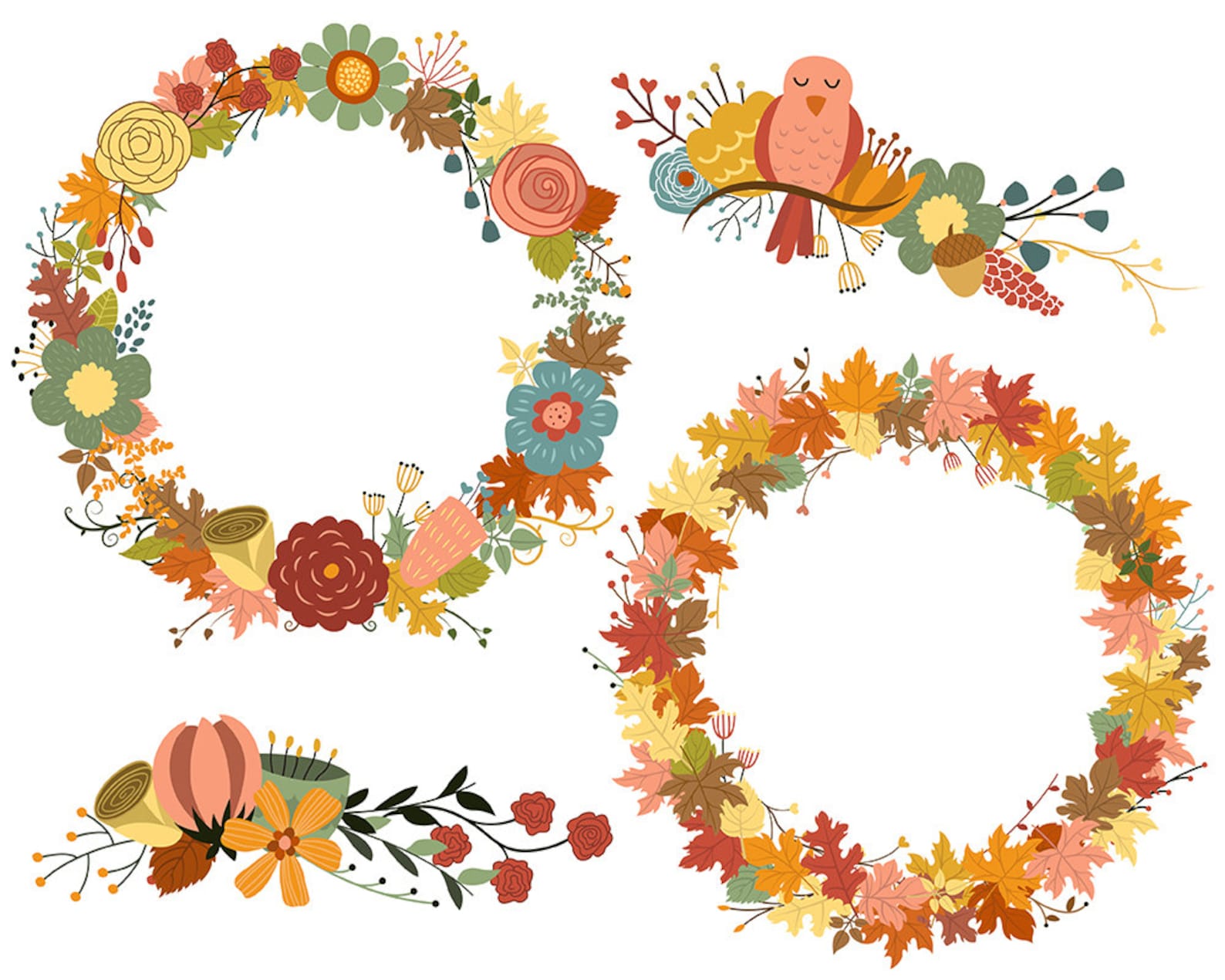 Autumn Wreaths and Fall Floral Designs Clip Art - 300 DPI PNG, JPG, and ...