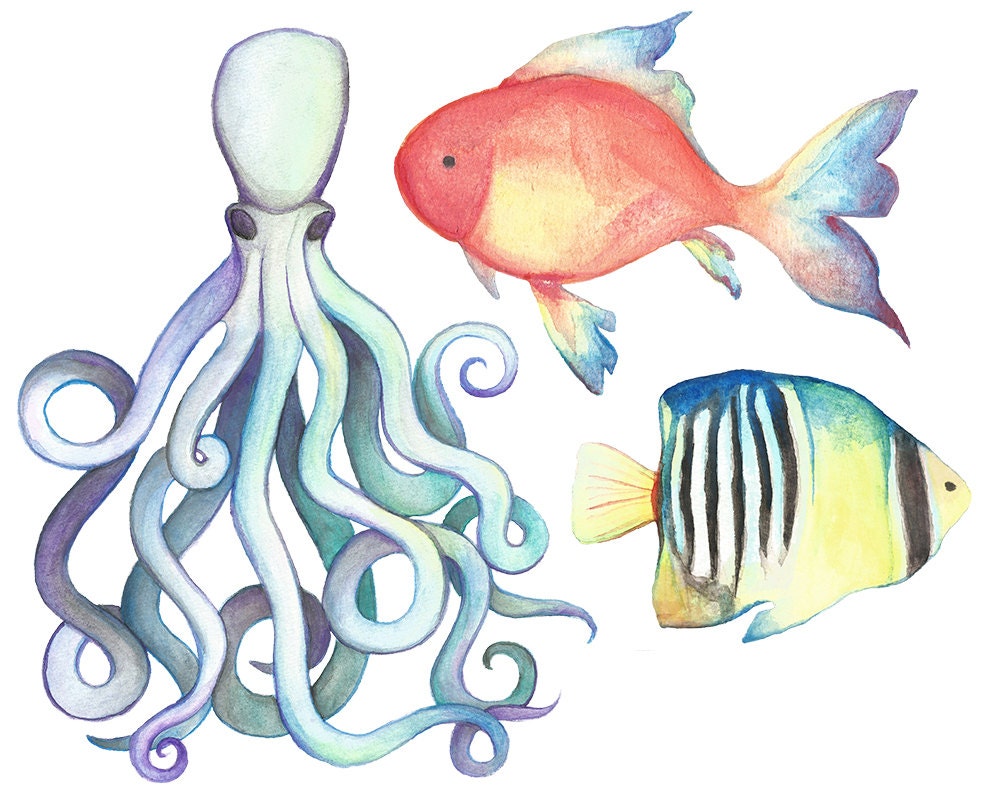 Watercolor Sea Life Clipart - Watercolor Clipart, Hand Painted Clip Art ...