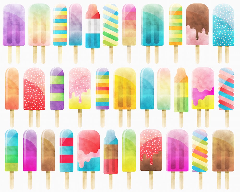 Watercolor Popsicles Clipart Set - 33 PNG Files - Colorful, Hand Drawn ...