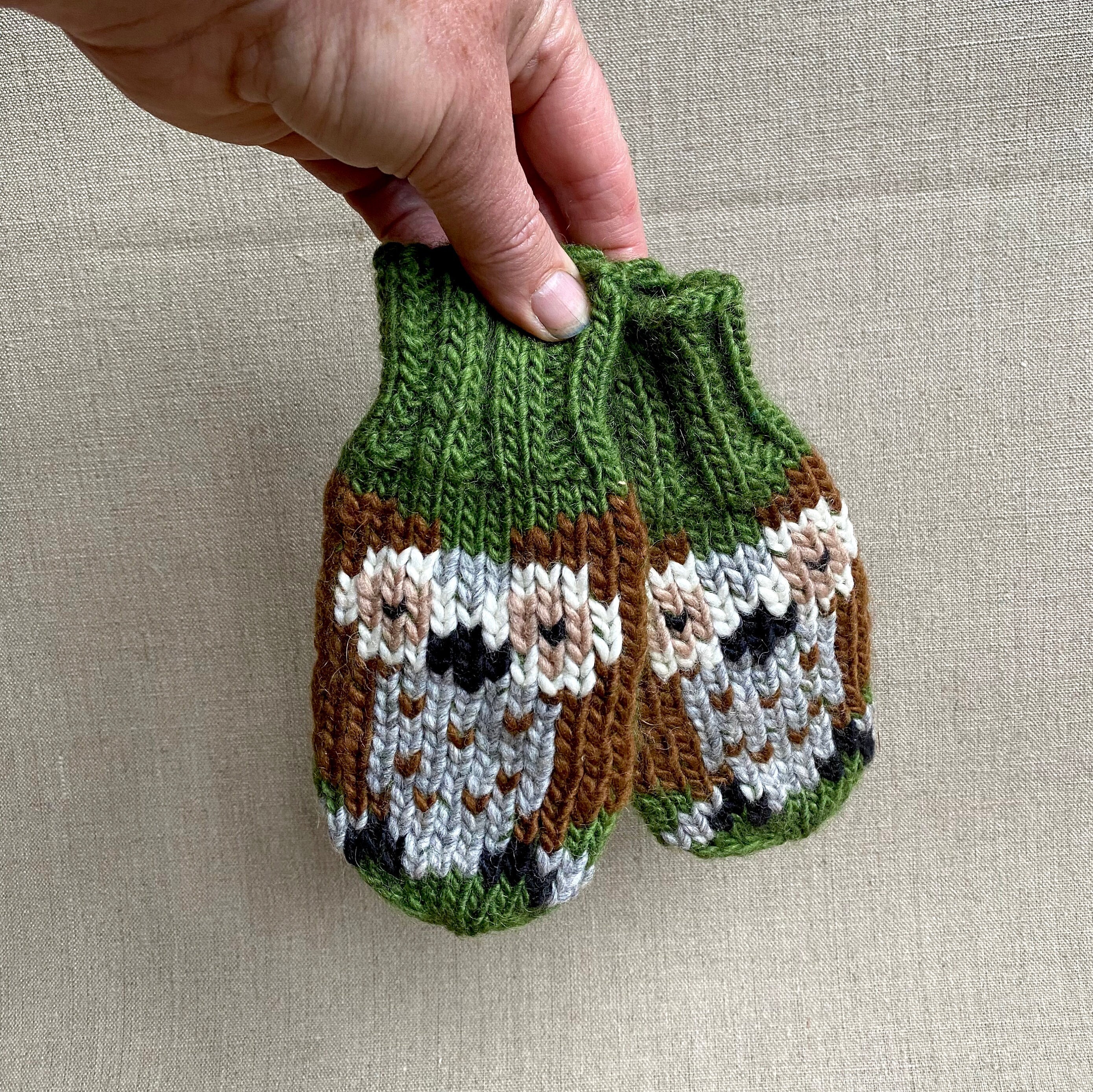 Owl Mittens, Child, Bird Lover, Audubon, Hand Knit, Green, Soft, Warm ...