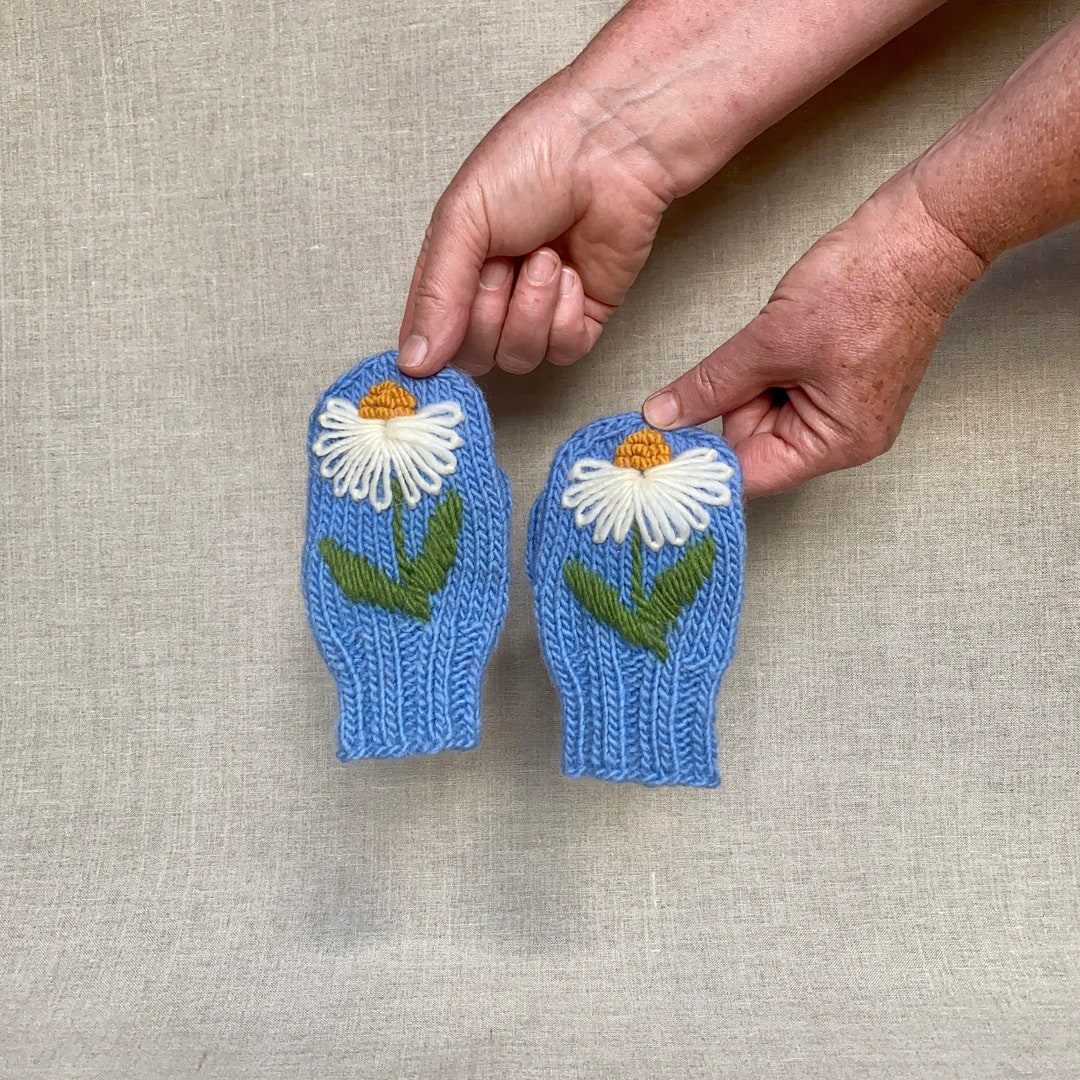 Flower Mittens Child, Embroidery, Hand Knit, Wool, Blue, Botanical ...