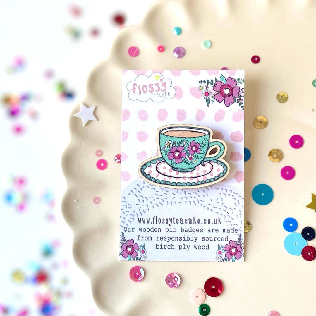 Teacup Badge | Wooden Badge | Teacup Gift | Pin Badge | Brooch Badge ...