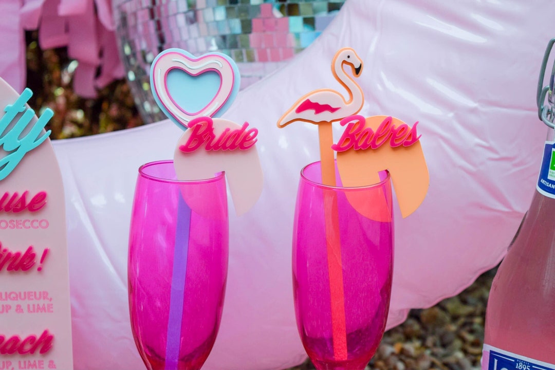 Personalised 90s Pool Party Themed Drink Toppers - Pink Acrylic Decor ...