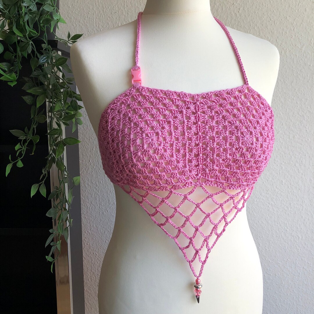 Pink Crochet Crop Top Handmade Blush Halter Top Bead Etsy
