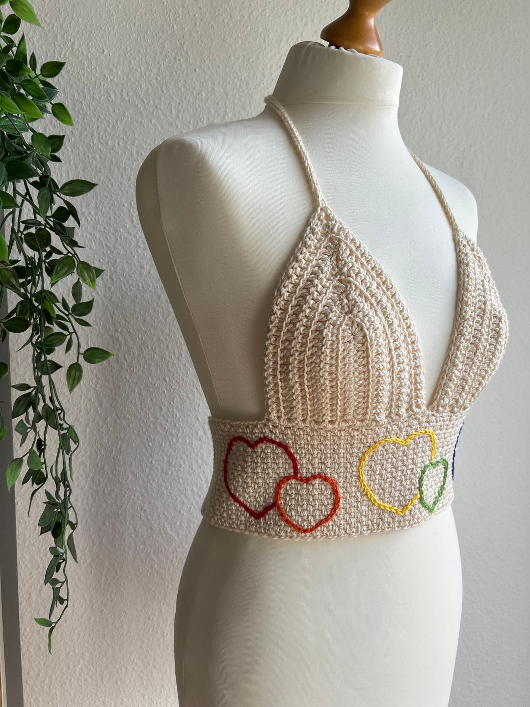 Cream Open Back Crop Top / Beige Crochet Bralette / Rainbow Hearts ...