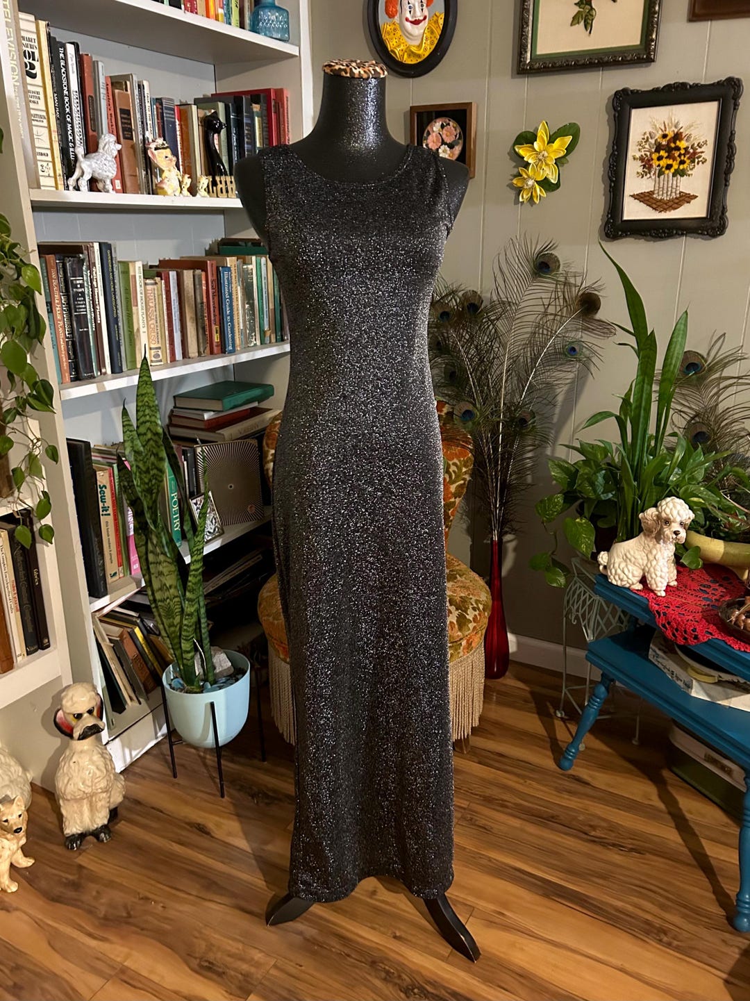 LOOK Lurex Vintage Metallic Black Silver Lurex Maxi Dress / Jumping Joy ...