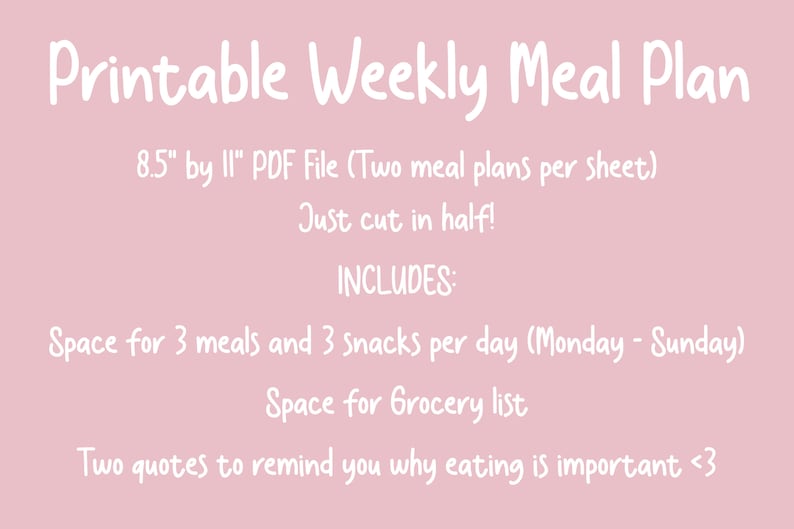 PRINTABLE Weekly Meal Plan | 3 Meals and 3 Snacks per Day | Recovery ...