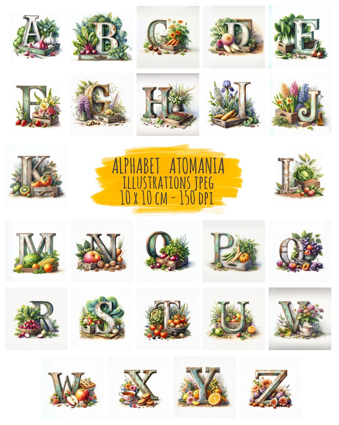 Shabby Chic Alphabet Fruits and Vegetables - 26 Digital Art Models - Etsy