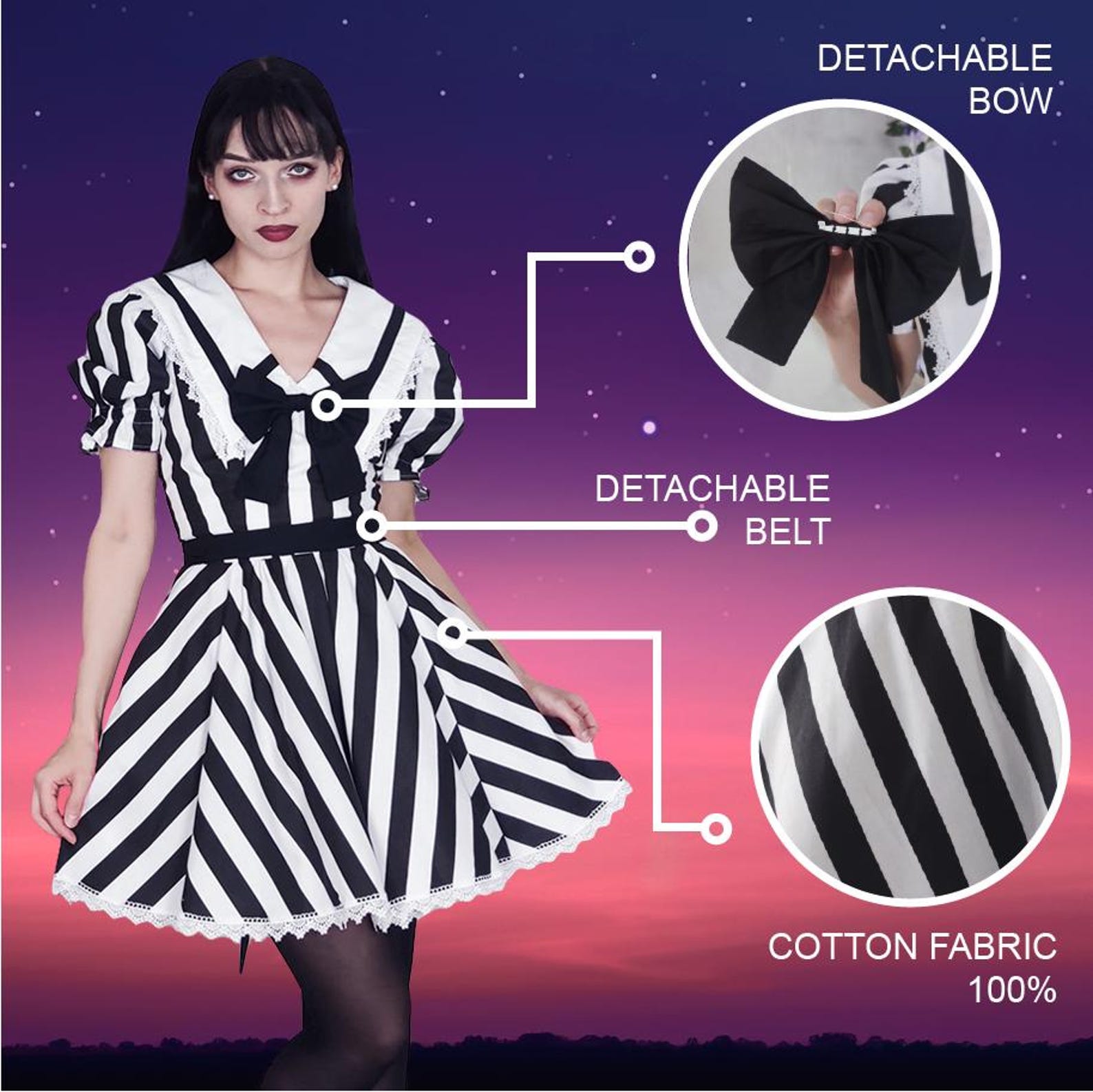 Beetle Stripped Dress - Black and White, Goth, Cotton Dress With Pocket ...