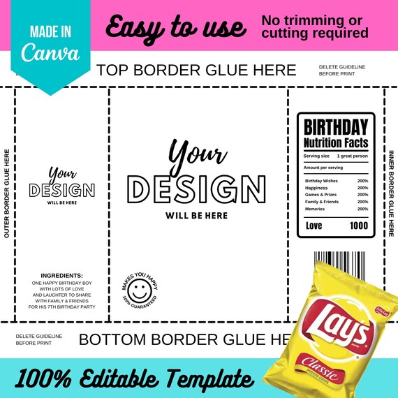 Blank Chip Bag Template Canva Editable DIY Birthday Etsy