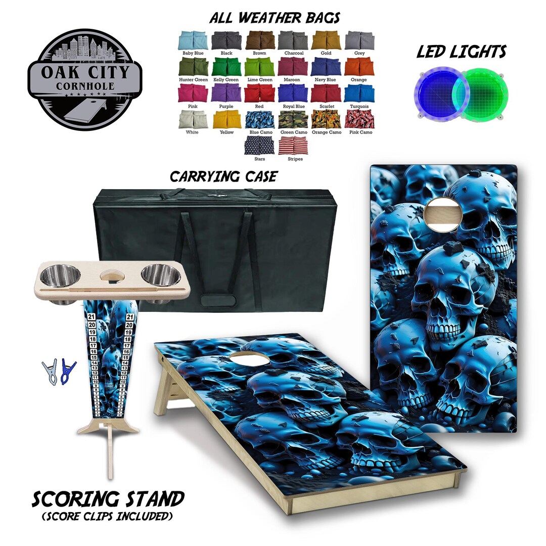 Blue Skulls Pile Cornhole Board Unique Dark Design | Regulation-size ...