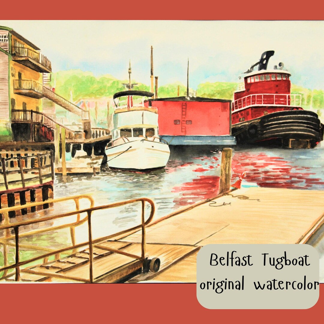 Maine Harbor Tugboat Painting, Coastal Watercolor Wall Art - Etsy