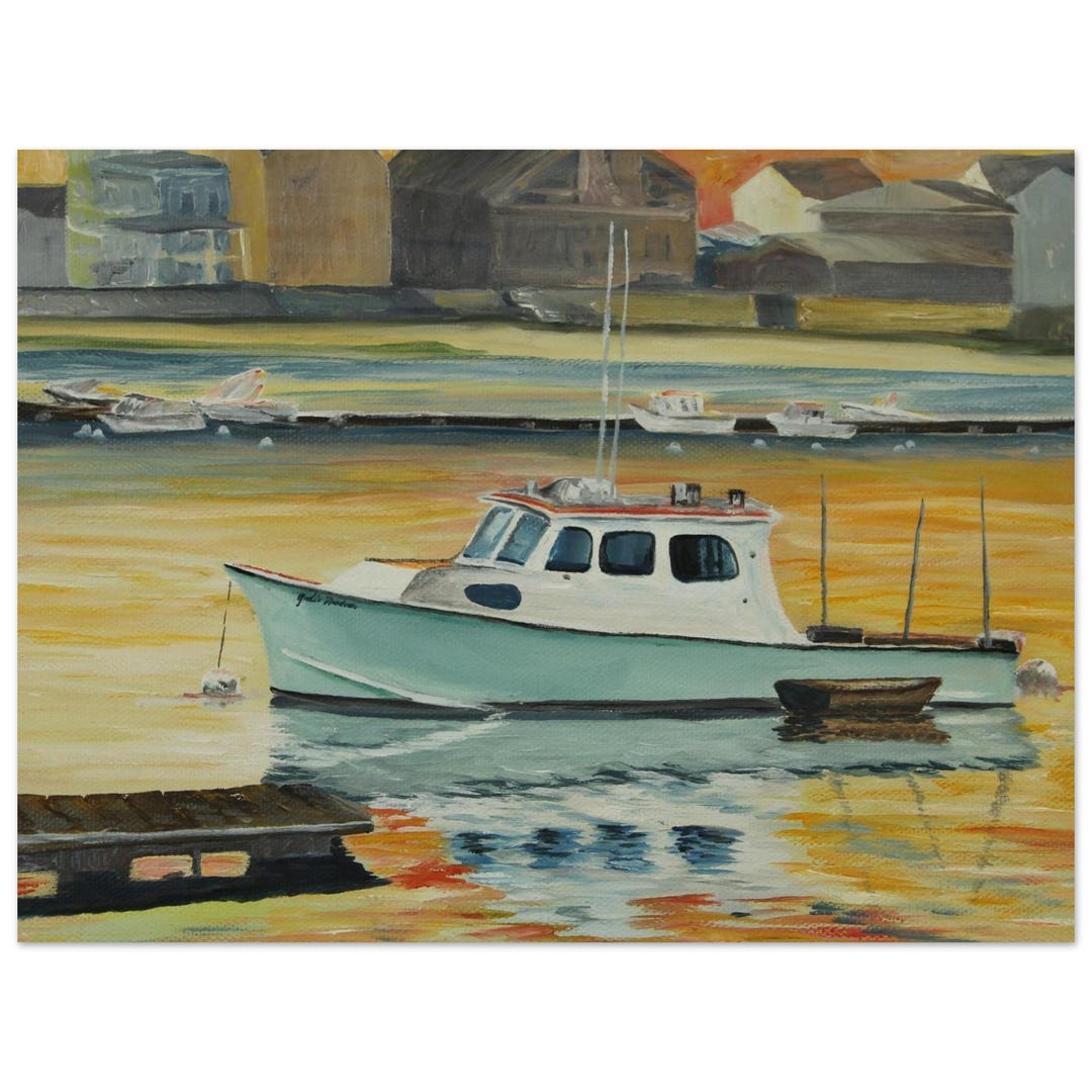 Boat in Harbor Artwork for Coastal Home Decor, Marina Scene, Ocean ...