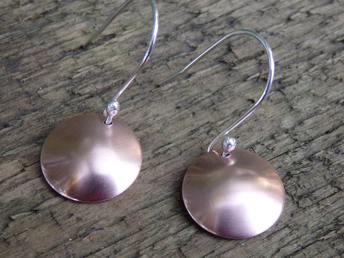 Brushed Copper Disc Earrings Sterling Silver Ear Wires - Etsy
