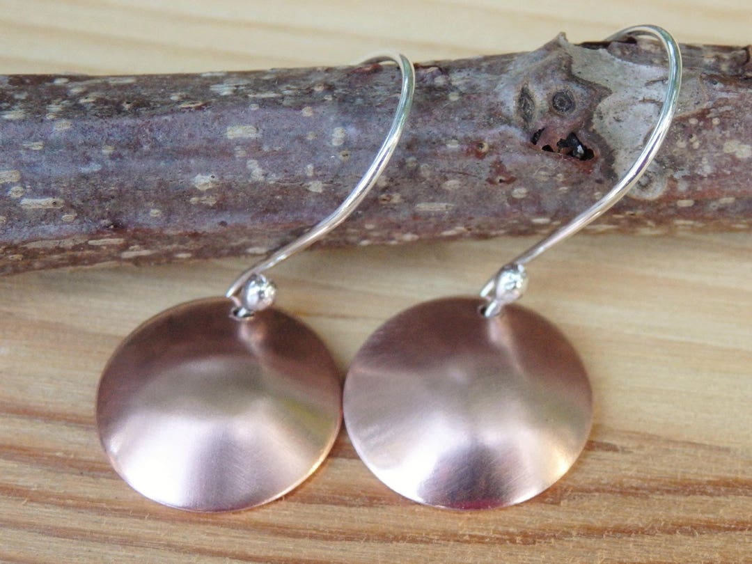 Brushed Copper Disc Earrings, Sterling Silver Ear Wires, Lightly Domed ...