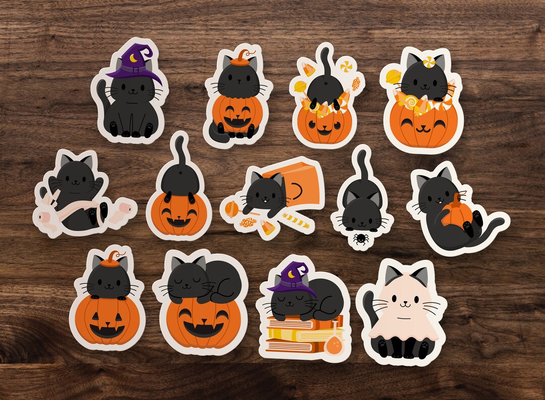 13 Halloween Kitty Stickers // Cute Kitten Sticker Set // Fall Cat ...