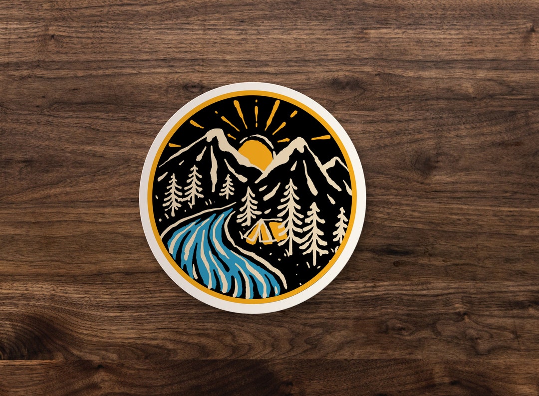 Outdoors Mountain Camping Round Sticker // Yellow & Blue Handdrawn ...