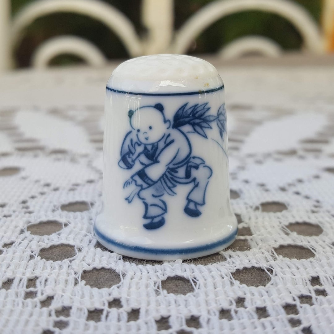 Okura Porcelain Thimble White Blue Decorative Thimble With Asian ...