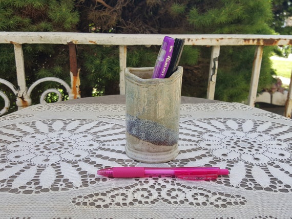 Handmade Pottery Pen Holder Clay Blue and Gray Glazed Desk | Etsy