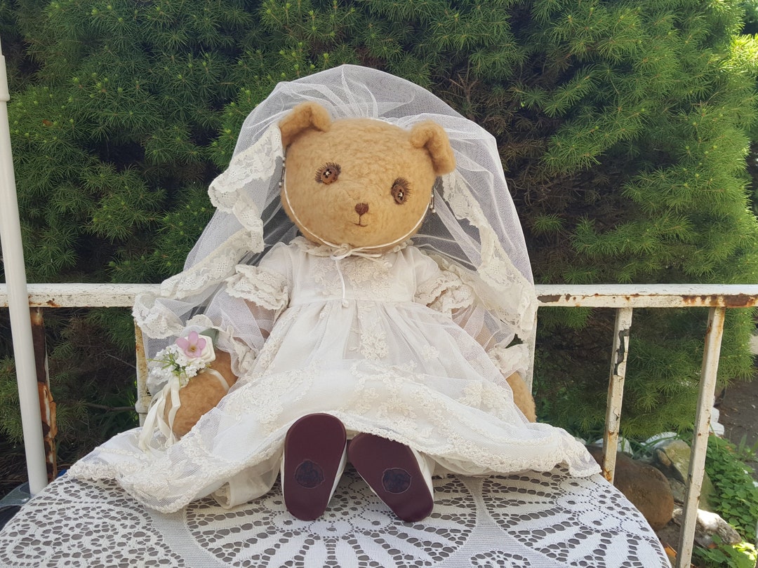 Teddy Bear Bride Stuffed Animal Wedding Gift White Wedding Dress Wife ...