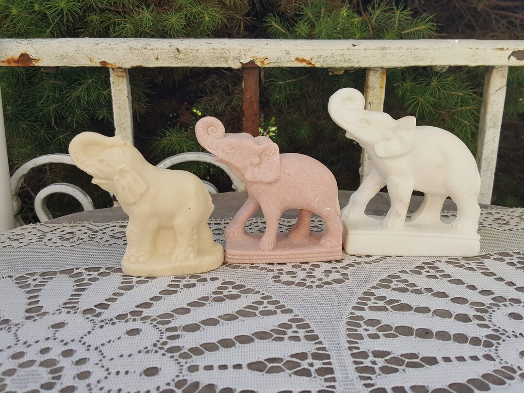Lot of Three Salt Figurine Elephants White Pink Tan Animal Carvings ...