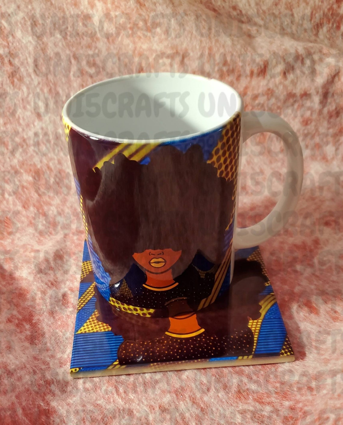 Afrocentric Mug and Coaster Set, African Fabric With Cocoa Twins Art ...