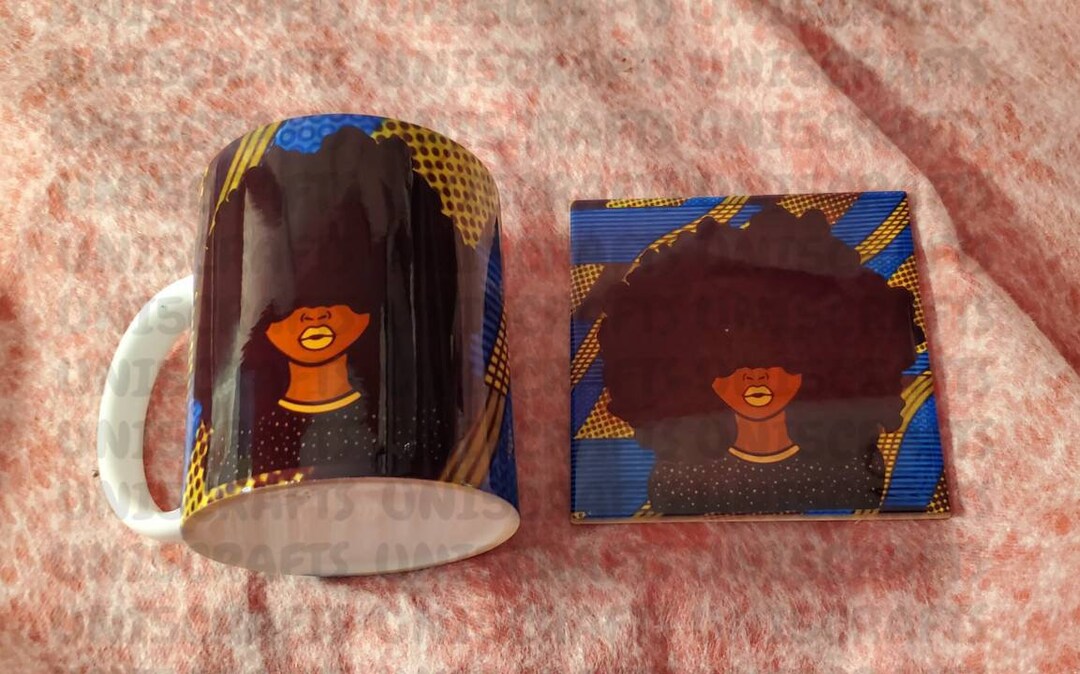 Afrocentric Mug and Coaster Set, African Fabric With Cocoa Twins Art ...