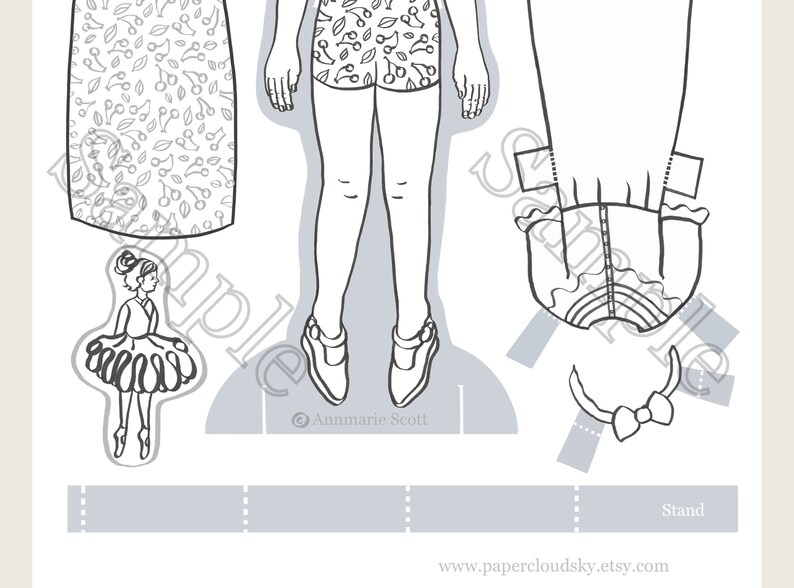 Clara colouring page printable paper doll with cherry dress - Etsy México