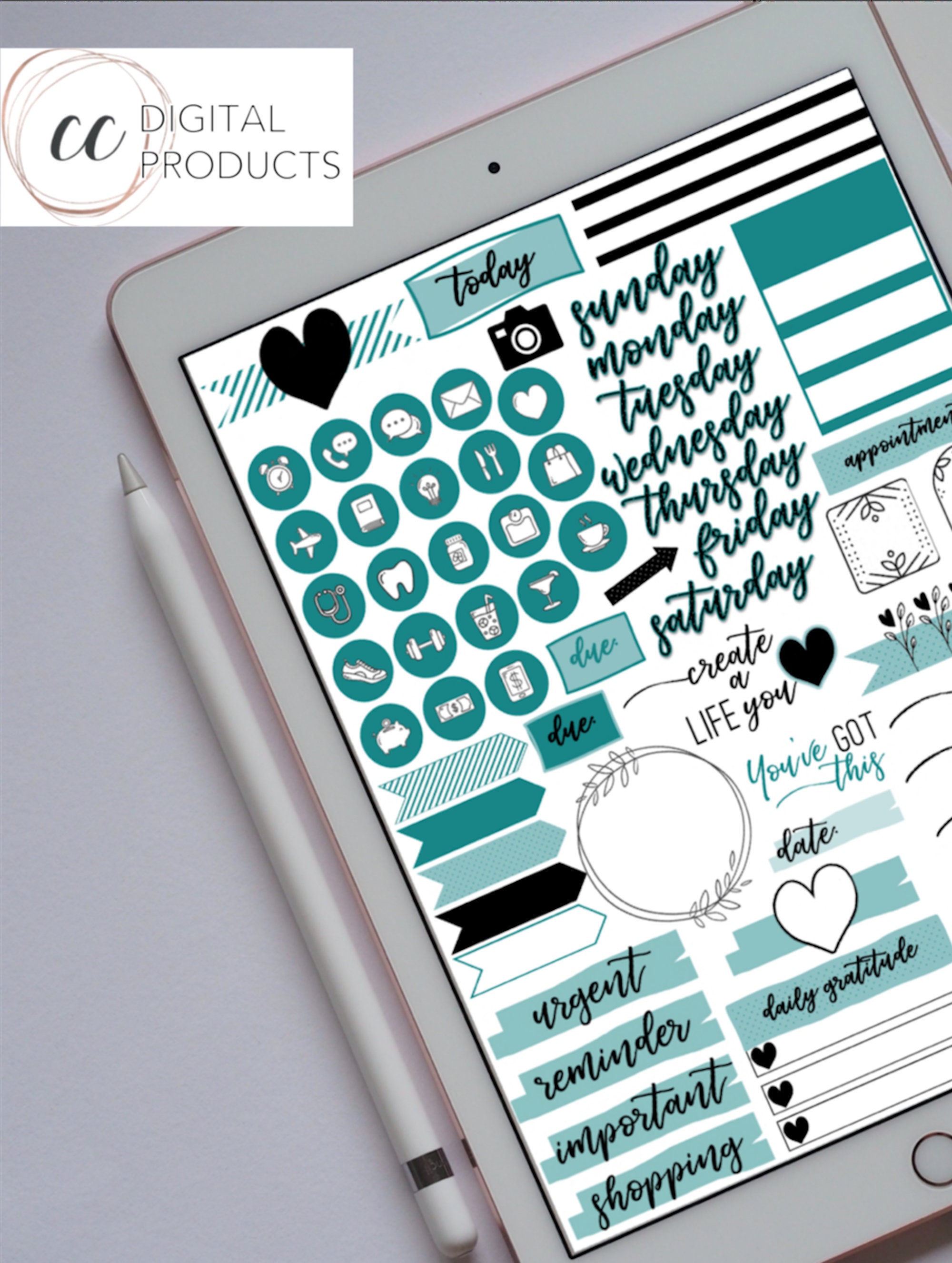 Digital Planner | Everyday Teal Digital Sticker Set | Precropped ...