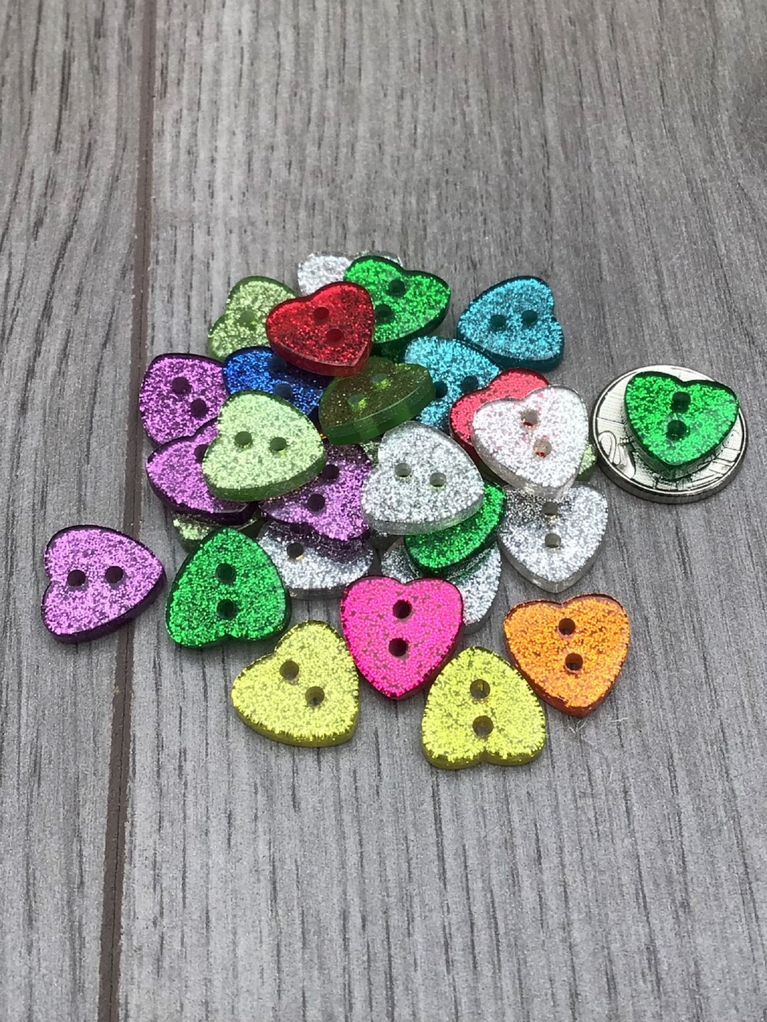 13mm Buttons Heart Glitter Buttons 2 Hole Transparent Asst Colours ...
