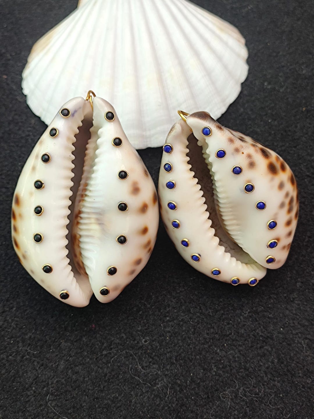 Natural Rare Tiger Cowrie Shell Pendant With Lapis & Onyx Gemstone Huge ...