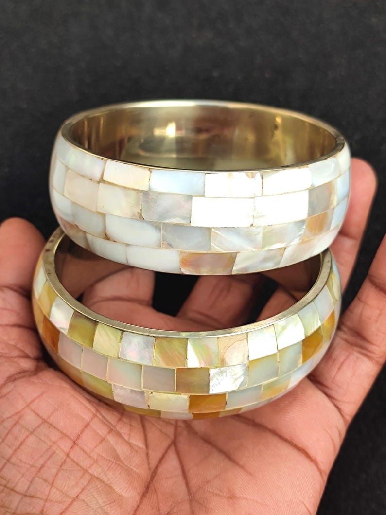 Abalone Shell Inlay Bangle Bracelet With Silver Brass Mother of Pearl ...