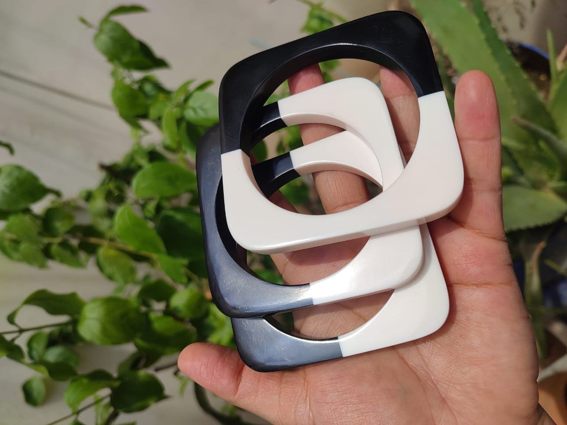 Black & White Square Chunky Acrylic Bangle Resin Bangle Stacking Chunky ...