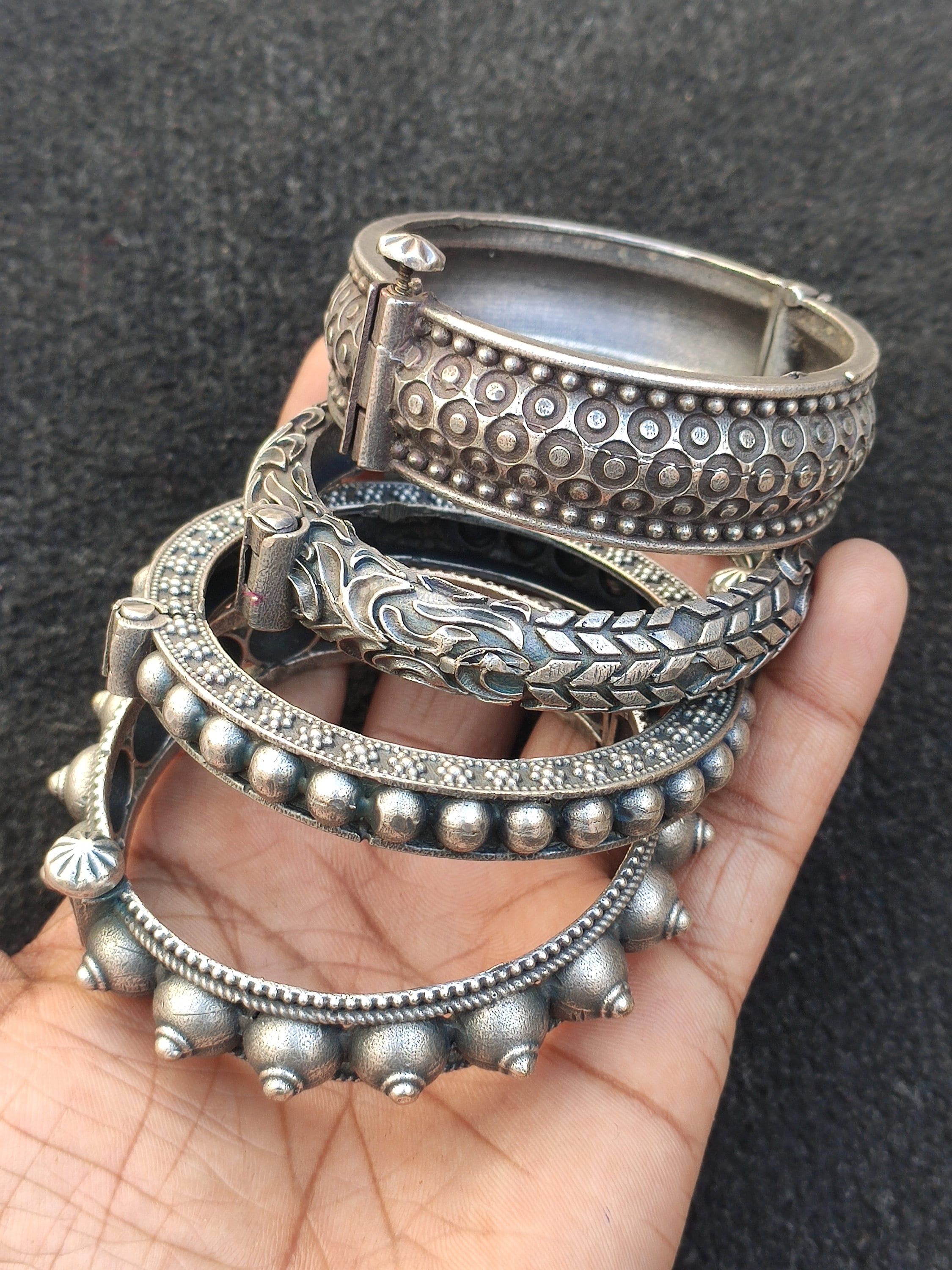 Silver Oxidized Bangle Vintage Antique Look Bracelet Kada Openable ...