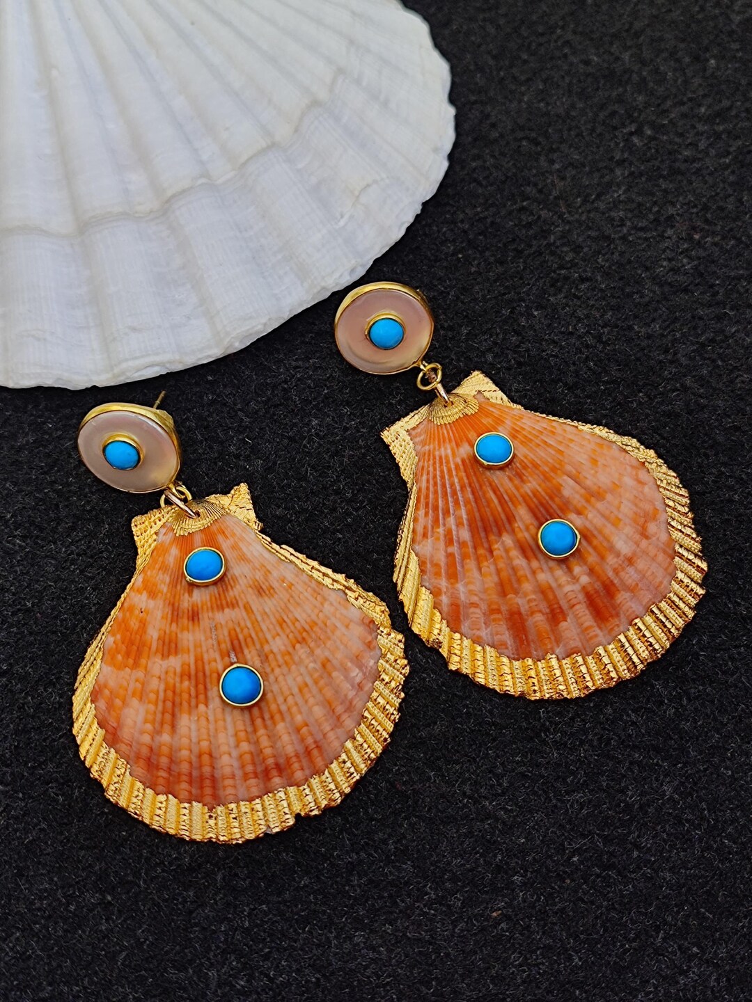 18k Gold Fill Scallop Shell Earrings With Turquoise & Shell Pearl - Etsy