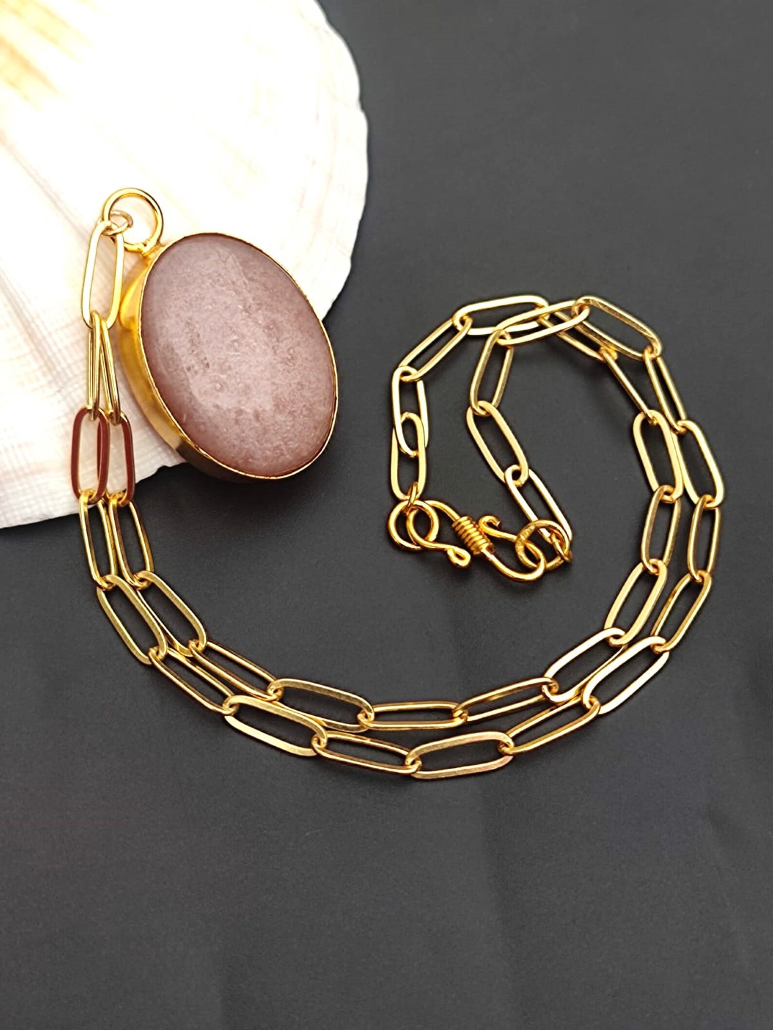 Handmade Rose Quartz Pendant Necklace, Gold Plated Brass, 20" Chain - Etsy