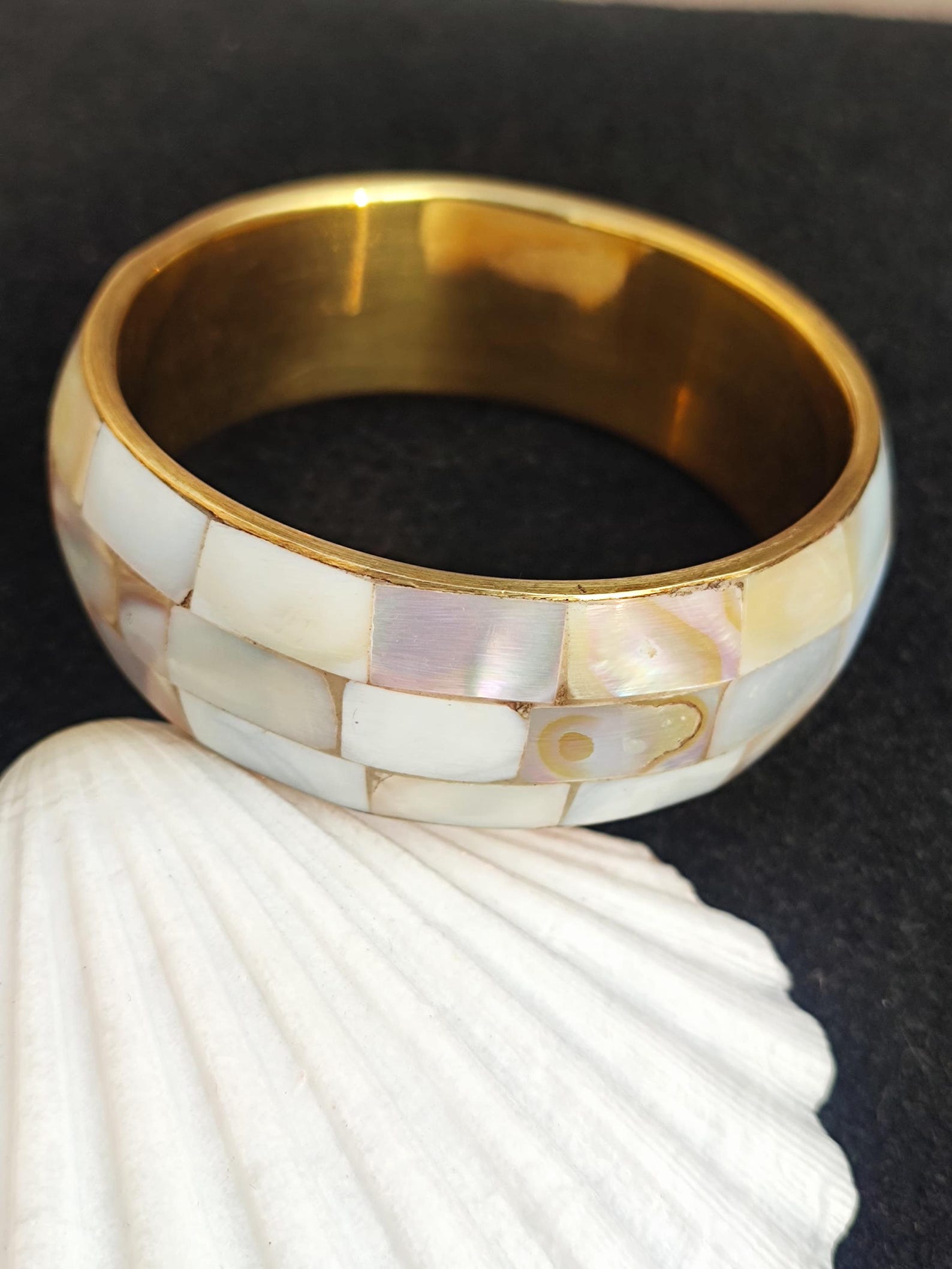 Abalone Shell Inlay Bangle Bracelet, Gold Brass Boho Cuff - Etsy