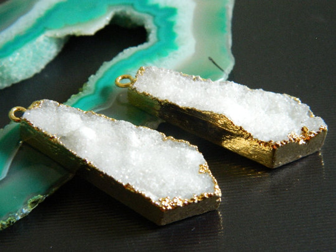 Gold Edged Druzy Agate Connector, Natural Gemstone Pair (39mm) - Etsy