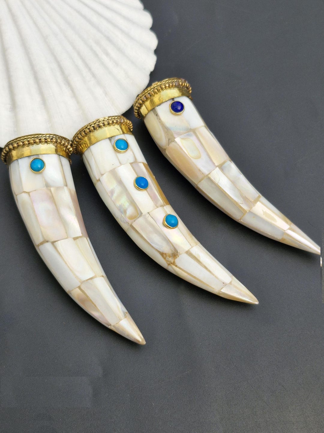 Natural Mother of Pearl Shell Tusk Shape Pendant With Gemstone Dotted ...