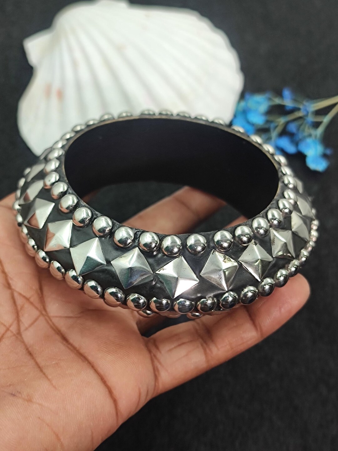 Handcrafted Wooden Bangle Bracelet: Chunky Silver & Brass, Bohemian ...