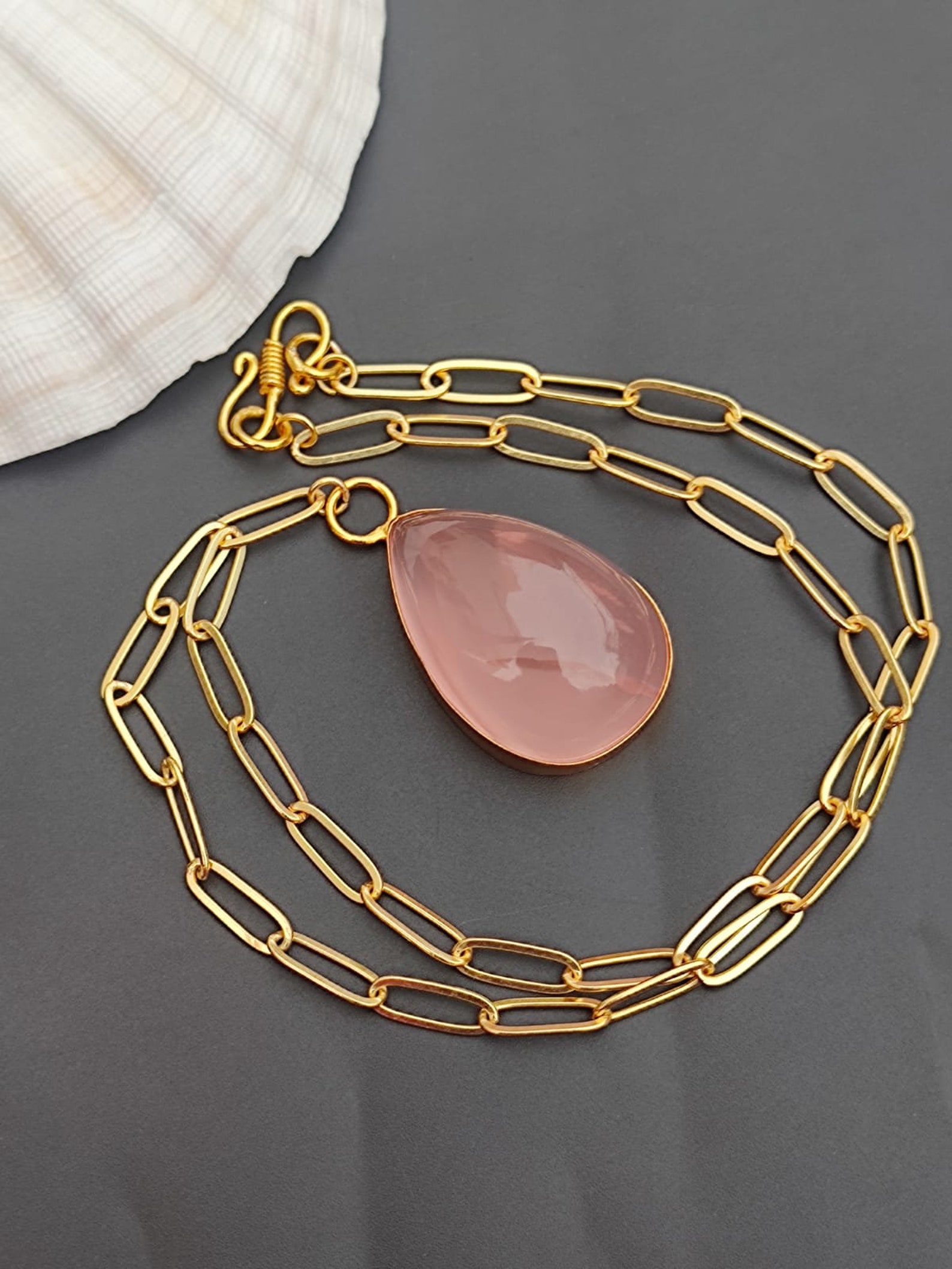 Handmade Rose Quartz Pendant Necklace, Gold Plated Brass, 20" Chain - Etsy