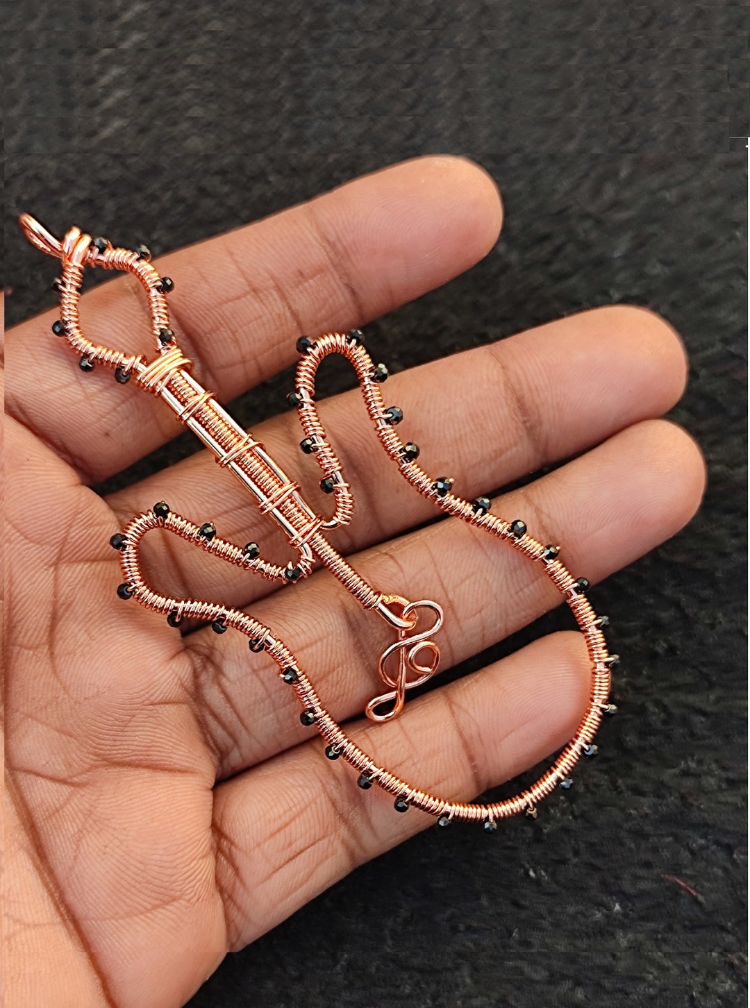 Black Onyx & Spinal Wire Wrapped Guitar Pendant Copper Wire Music ...