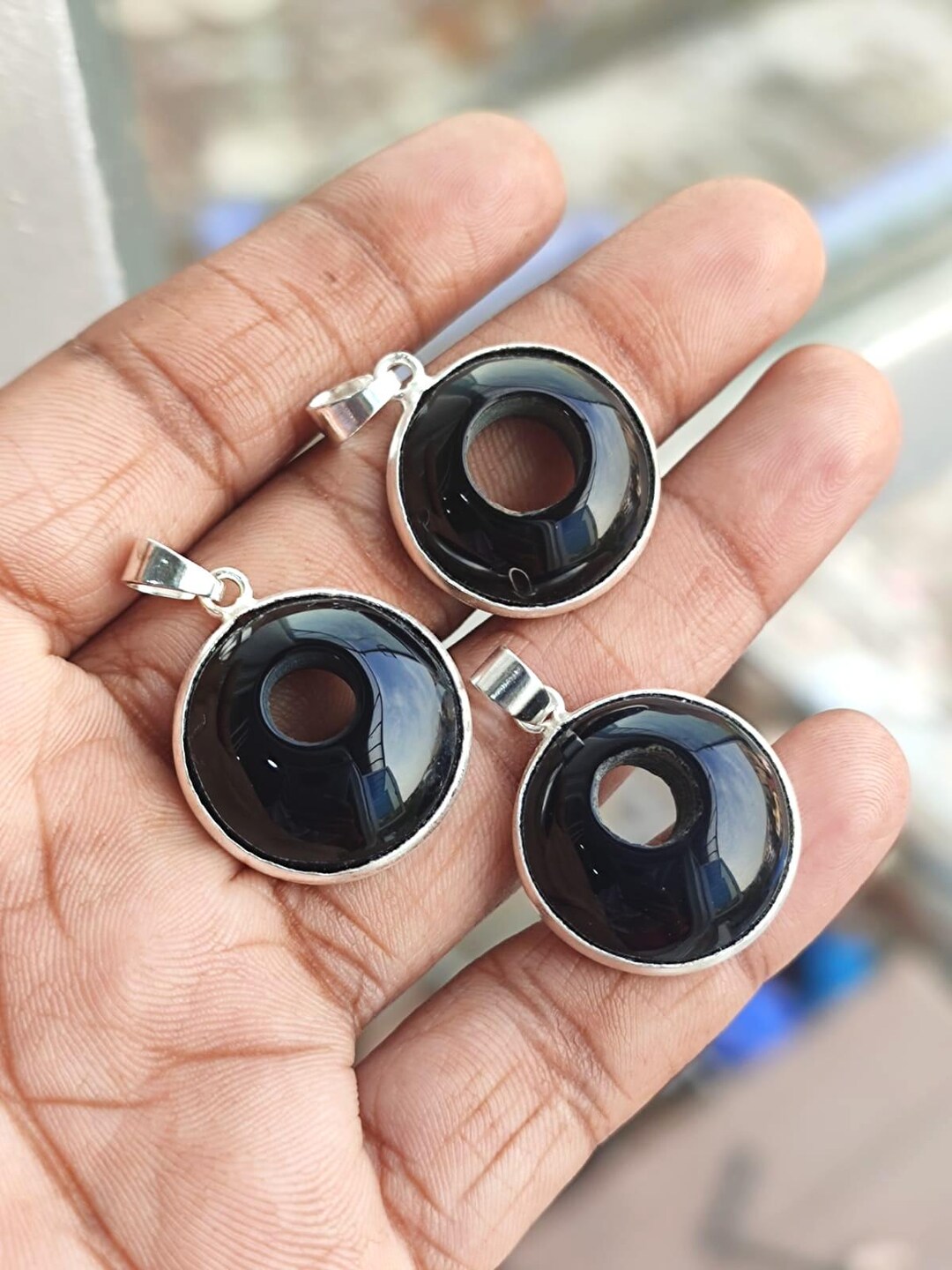 Black Onyx Dics Roundel Donut Shape Choker Pendant Onyx Gemstone Big ...