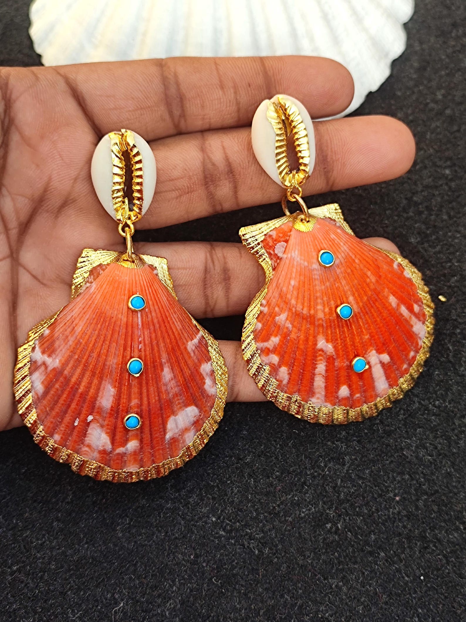 18k Gold Filled Sea Shell Earrings, Turquoise Gemstone Scallop Jewelry ...